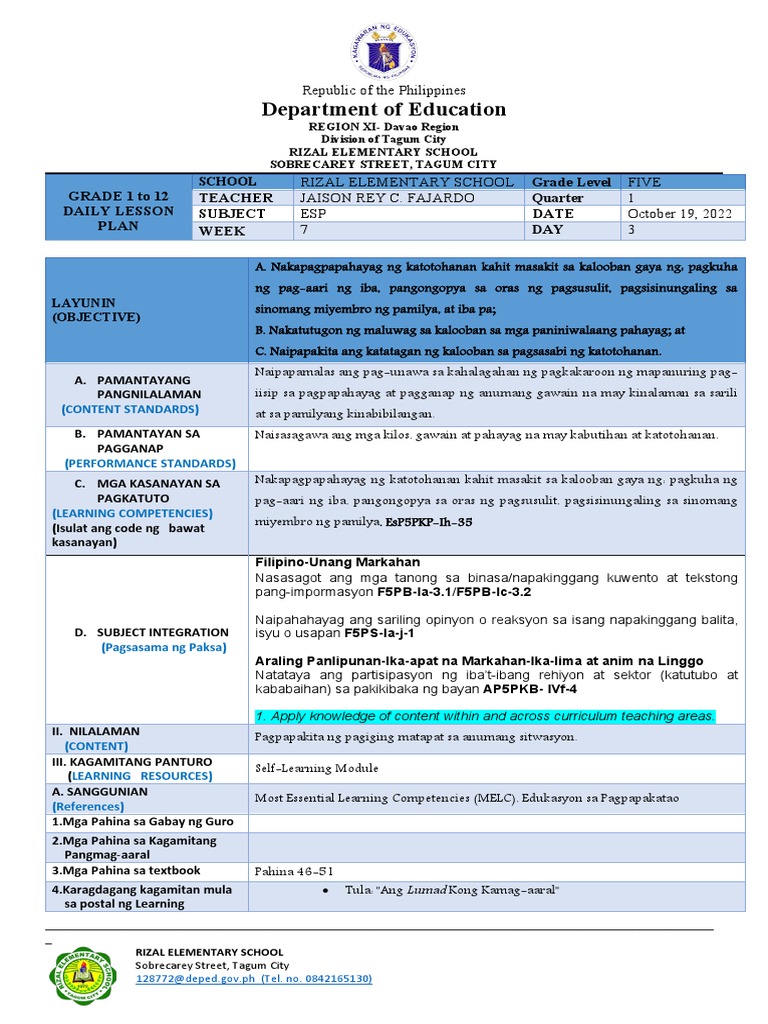 ESP 5 - 1st Quarter - Lesson Plan | PDF