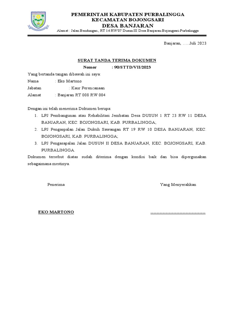 Surat Tanda Terima Dokumen Purbalingga | PDF