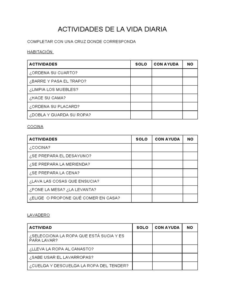 Actividades de La Vida Diaria Cuestionario | PDF