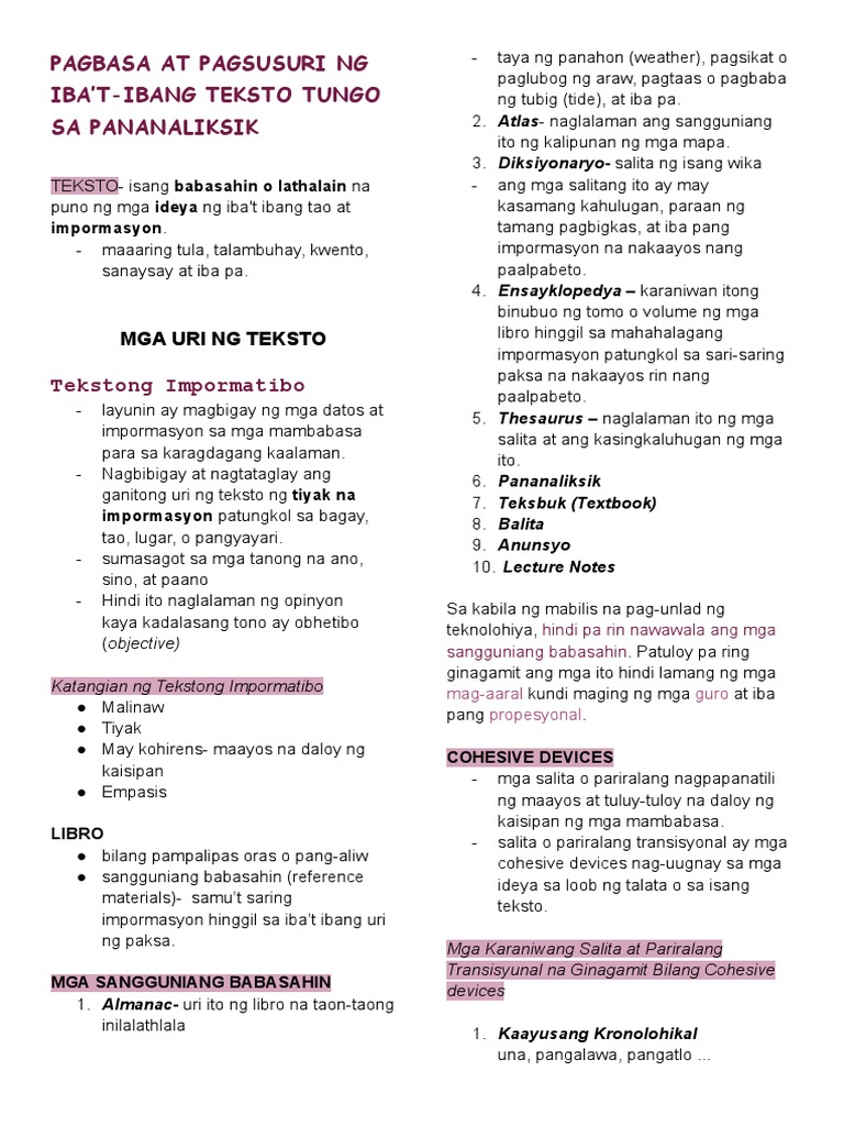 Pagabasa at Pagsusuri Reviewer Grade 11 | PDF