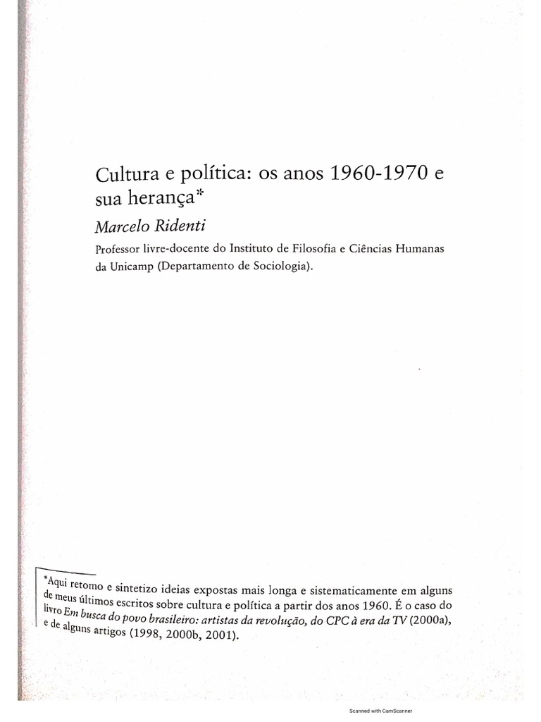 Texto 6 - RIDENTI, Marcelo. Cultura e Política - Os Anos 1960... | PDF