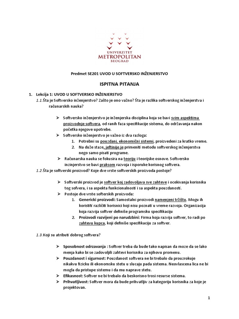 SE201 Ispitna Pitanja | PDF