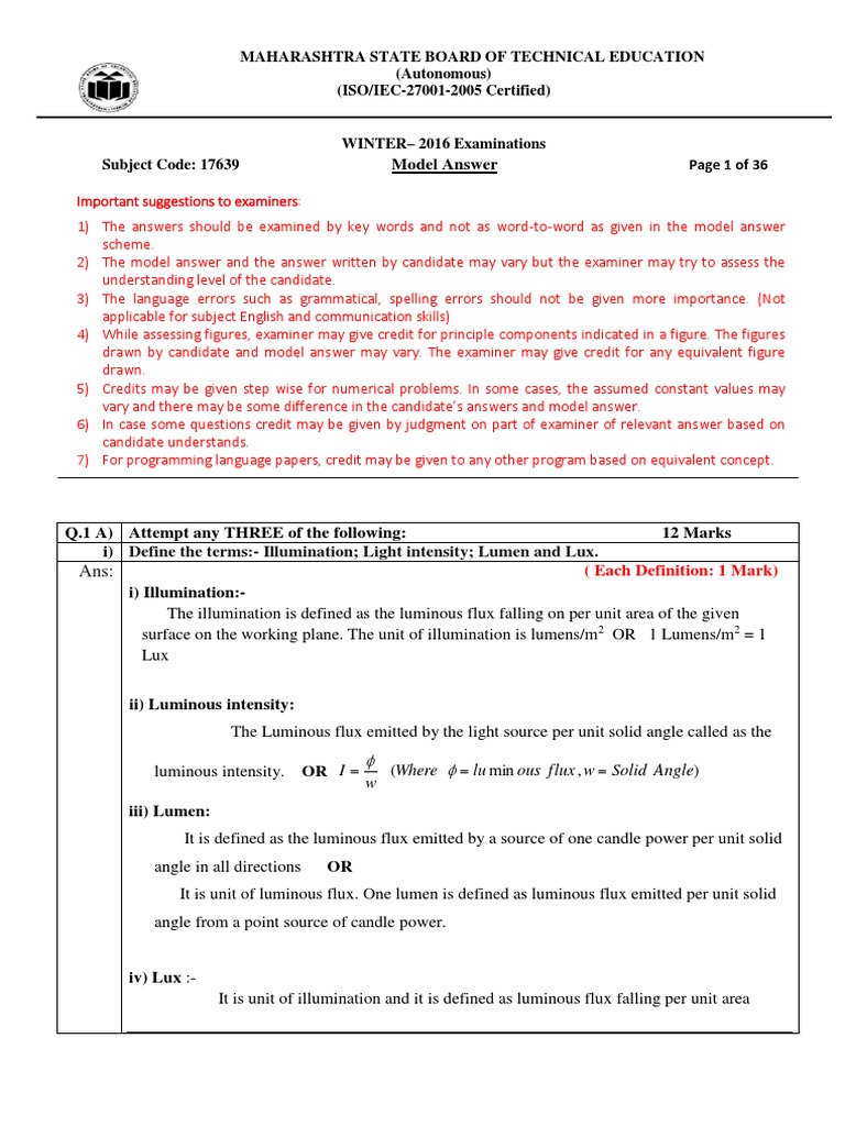 2016 Winter Model Answer Paper | PDF | Lighting | Electric Arc