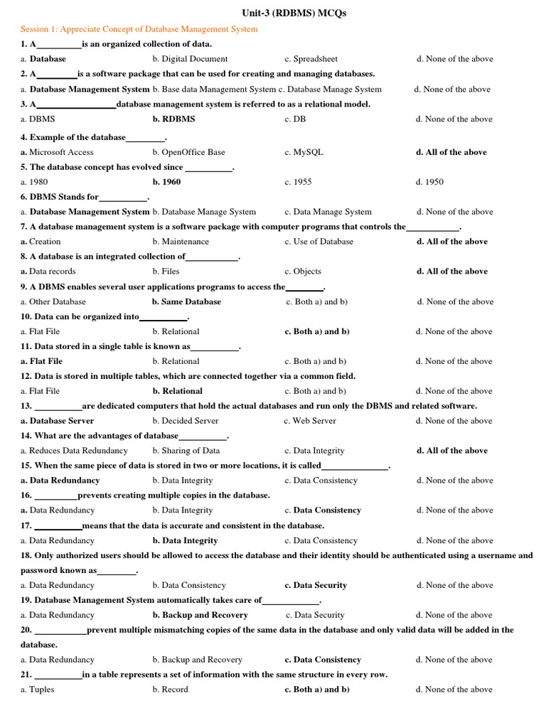 Rdbms Mcqs 2023-24 Class 10th It | PDF | Databases | Relational Database Rdbms Mcqs 2023-24 Class 10th It | PDF | Databases | Relational Database