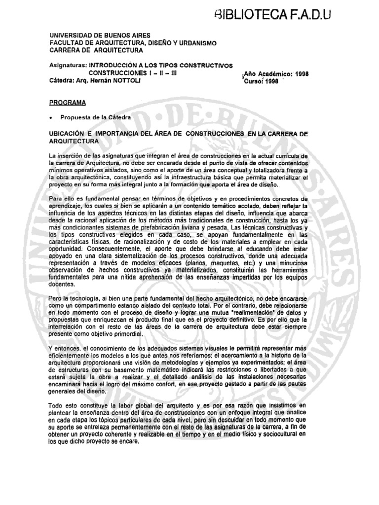 Fadu - Arq - Introduccion A Los Tipos Constructivos - Construcciones I - Ii | PDF