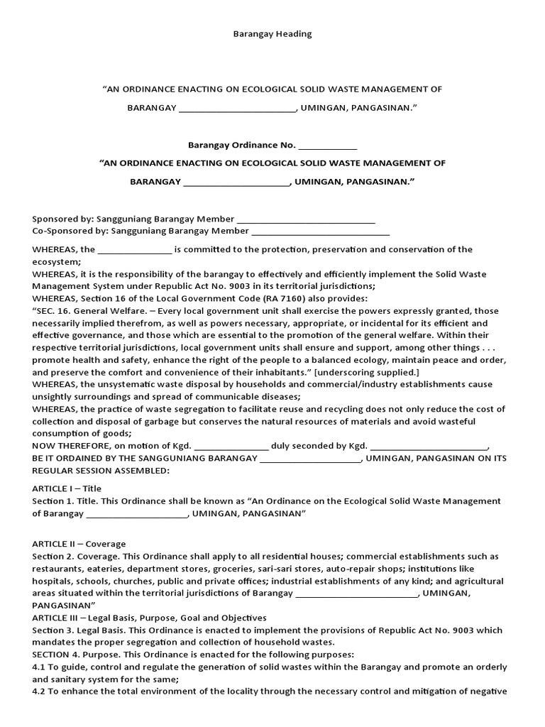 Barangay Ecological Waste Management Ordinance | PDF | Municipal Solid ...