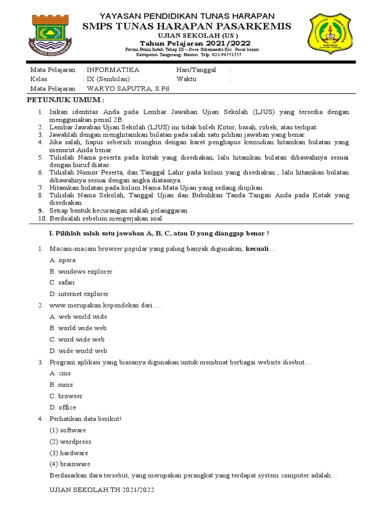 Soal Ujian Informatika 2021-2022 | PDF