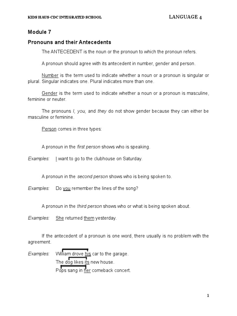 Grade 4 Module 7 Pronouns and Their Antecedents | PDF | Grammatical ...