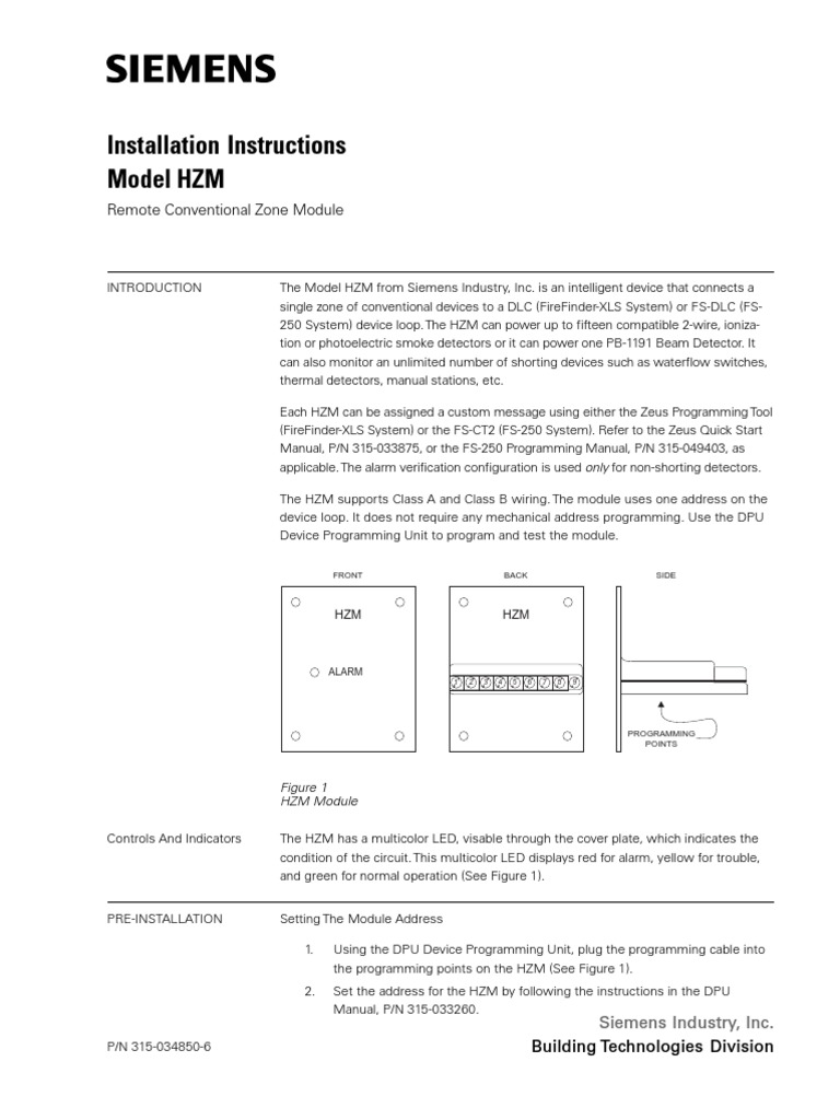 Installation Instructions Model HZM: Remote Conventional Zone Module ...