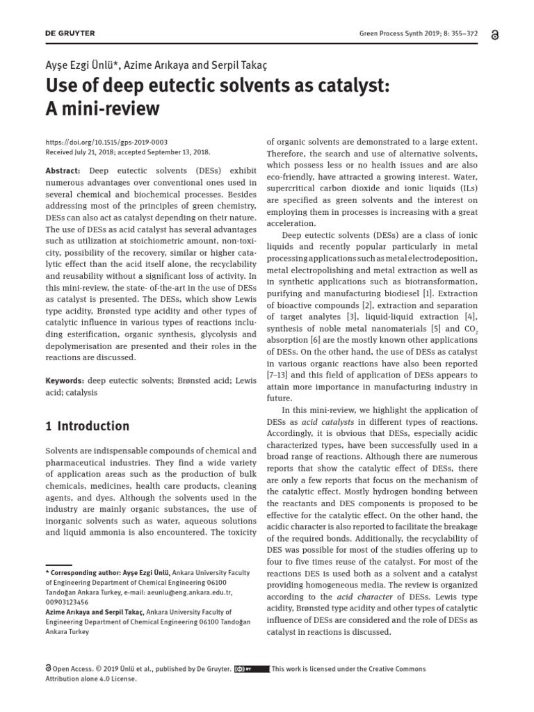 Deep Eutectic Solvents as Catalysts | PDF | Acid | Chemical Reactions