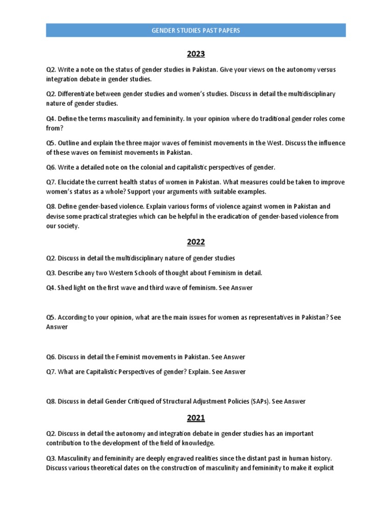 Gender Studies CSS Past Papers Overview | PDF | Gender And Development ...