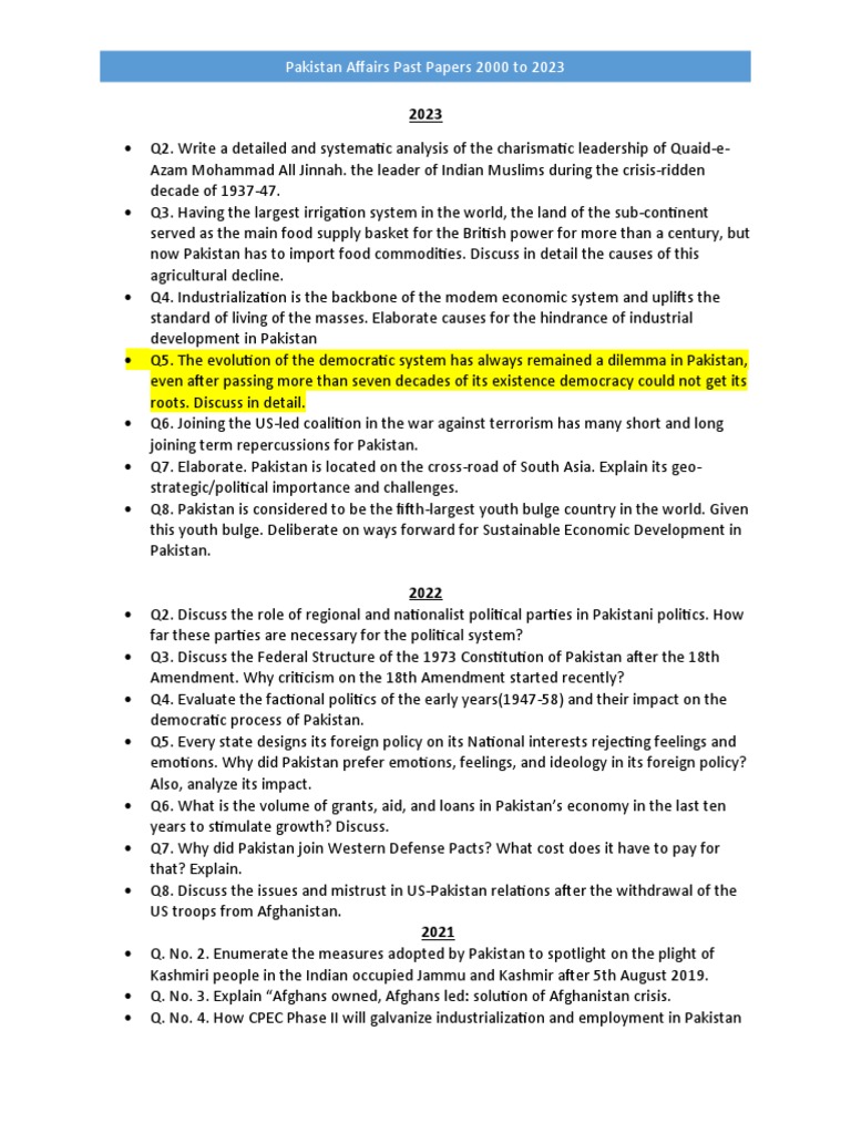 Pakistan Affairs Past Papers 2000 To 2023 | PDF | Pakistan | Muhammad ...