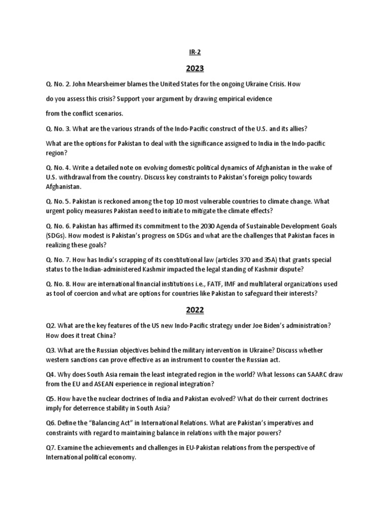 CSS International Relations Paper 2024 | PDF | Pakistan | Afghanistan