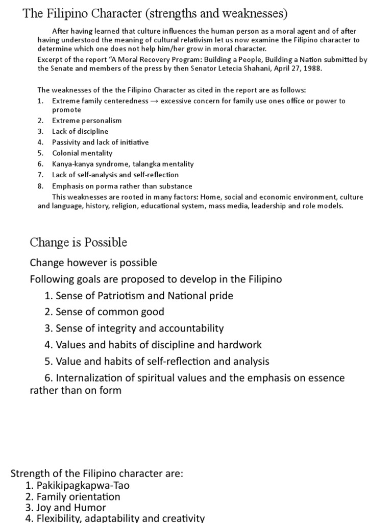Weaknesses in Filipino Character Traits | PDF | Psychology | Applied Ethics