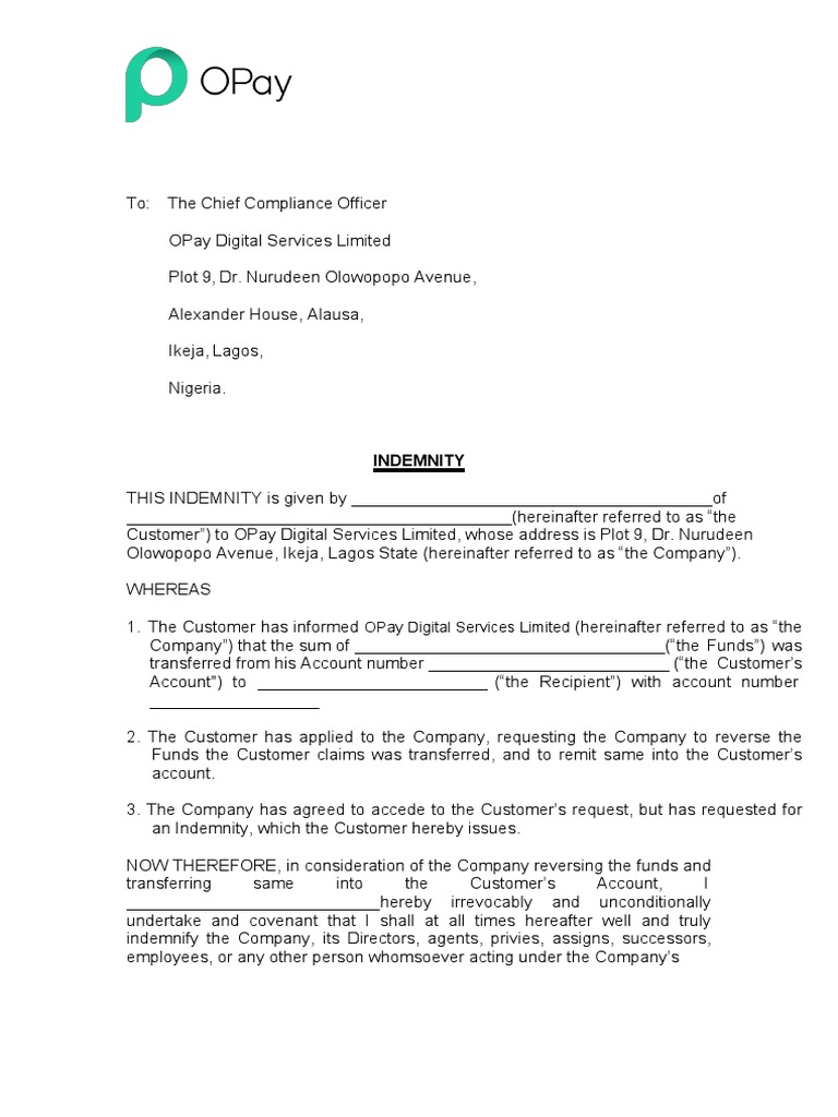 Indemnity Form (New) | PDF | Indemnity | Banks