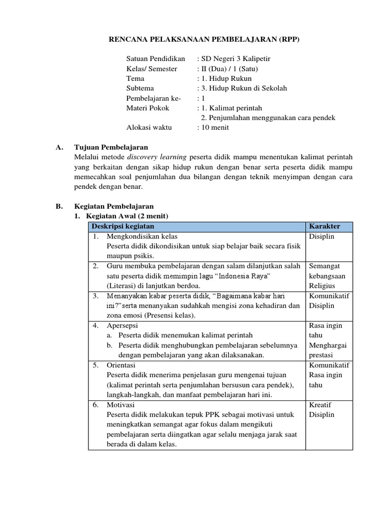 RPP Kelas 2 Tema 1 Subtema 3 Pembelajaran 1 | PDF