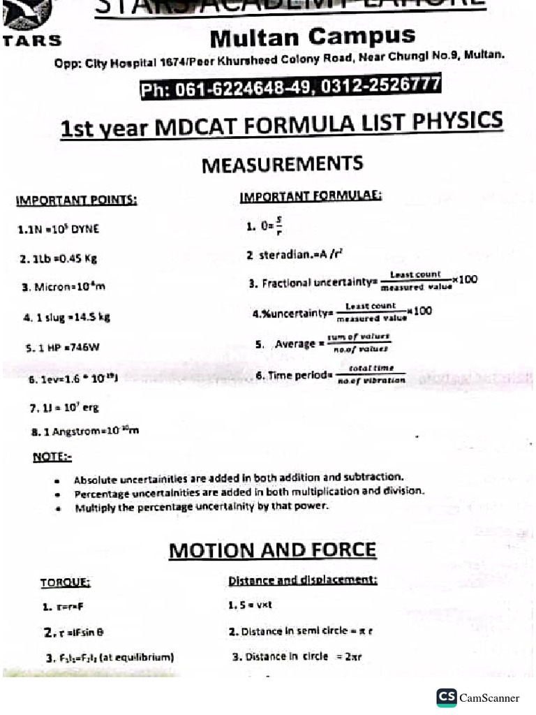 STARS Academy - Physics Formulas | PDF