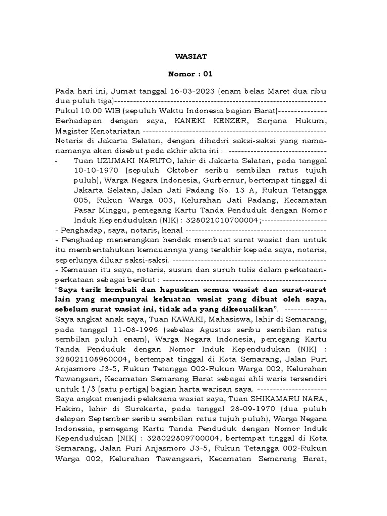 Draft AKTA WASIAT | PDF