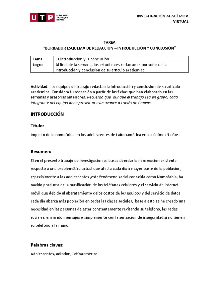 S15 - Tarea - Borrador de Esquema de Redacción - Introducción y Conclusión | Descargar gratis ...