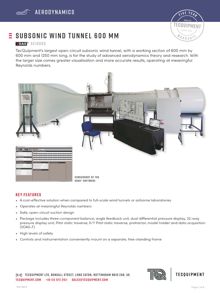 AF1600S Subsonic Wind Tunnel Datasheet 0623 | PDF | Wind Tunnel | Pressure Measurement