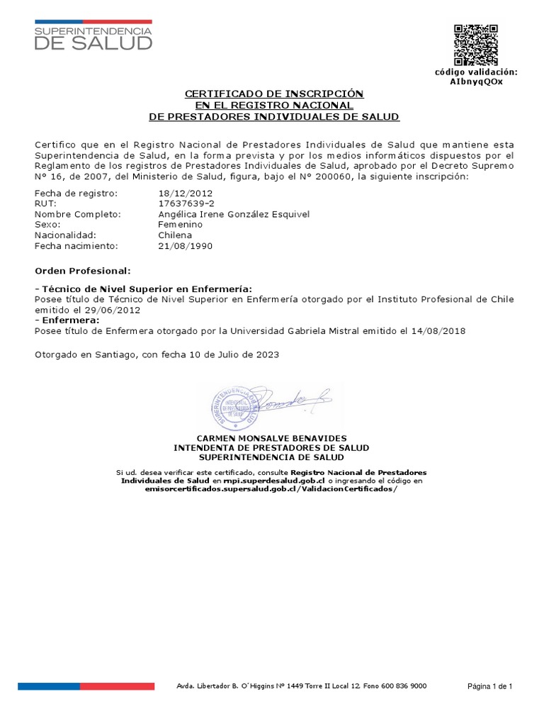 Certificado de Inscripción en El Registro Nacional de Prestadores Individuales de Salud | PDF