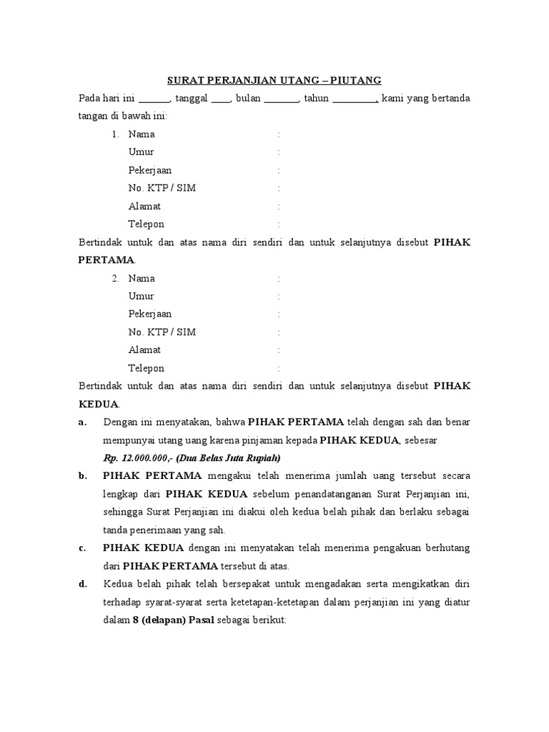 Contoh Surat Perjanjian Utang Piutang FH UII | PDF