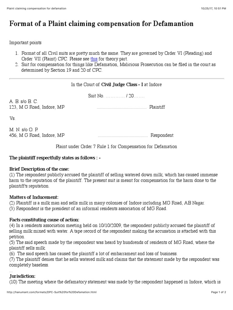 Defamation Compensation Suit Format | PDF