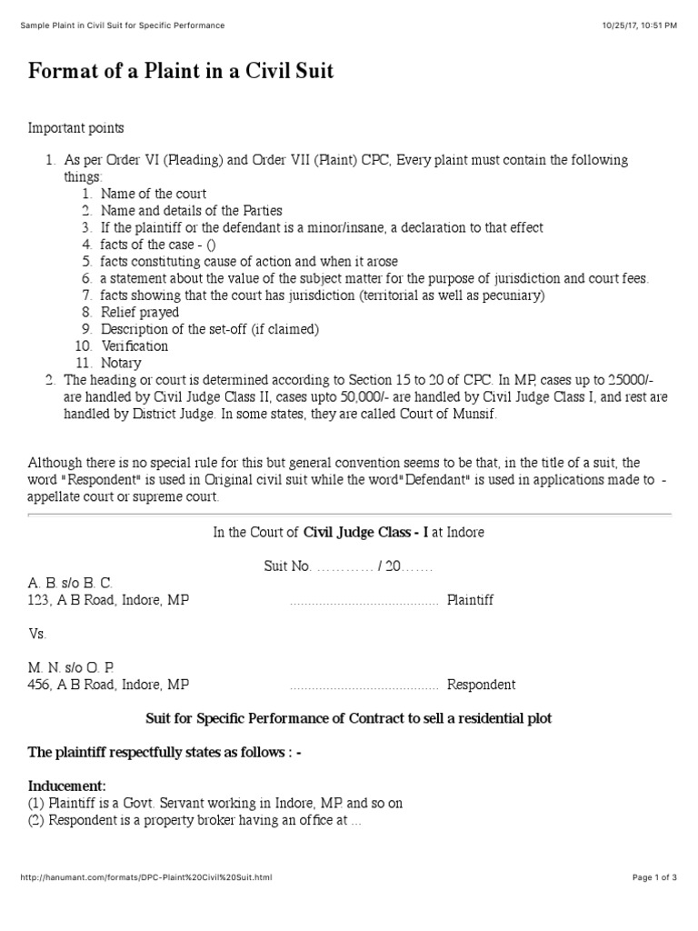 Sample Plaint in Civil Suit for Specific Performance | PDF | Lawsuit ...