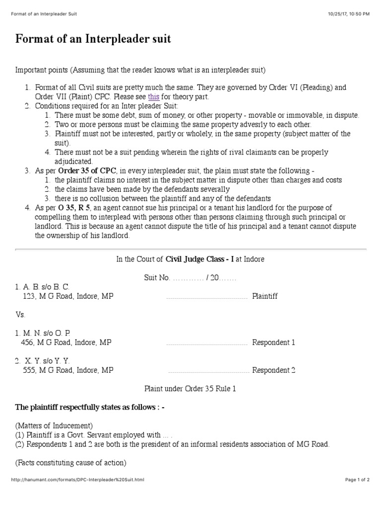 Format of An Interpleader Suit | PDF | Lawsuit | Separation Of Powers