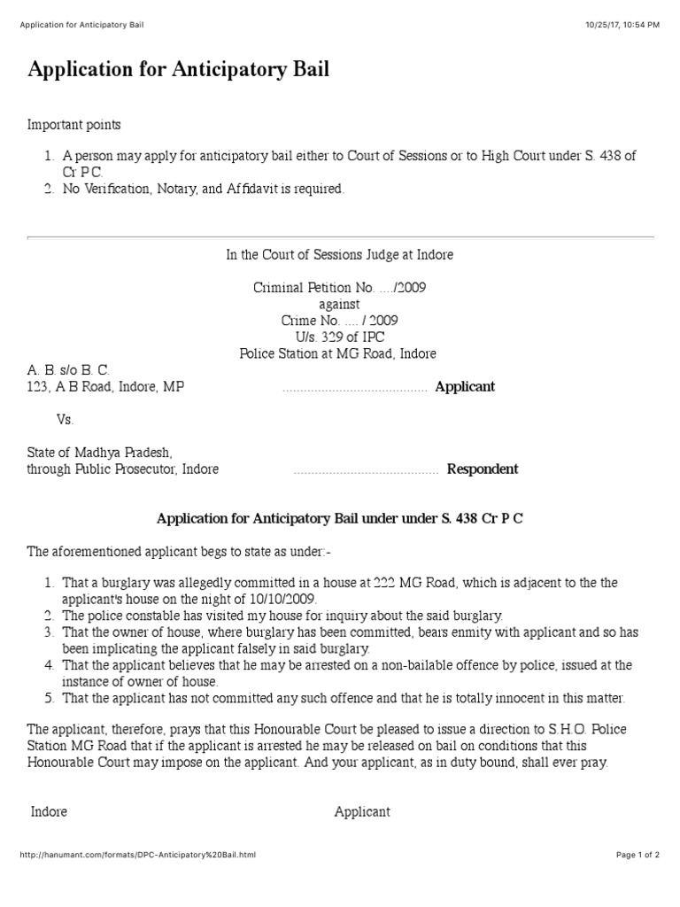 Application For Anticipatory Bail | PDF | Bail | Legal Action