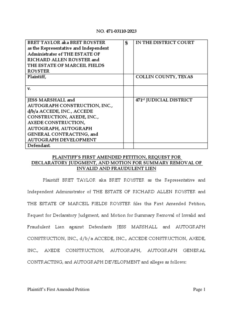 2023.07.14 FINAL 1st Amnd Petition, Dec Action & Summary Removal of Lien | PDF | Legal Remedy ...