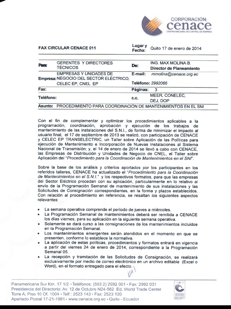 Cenace Circular 011 | PDF