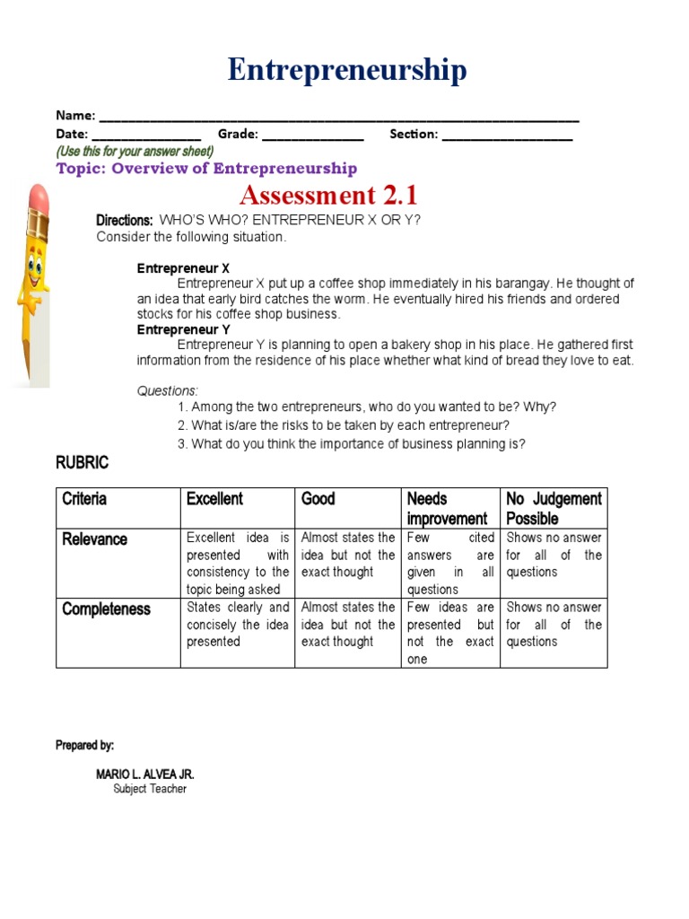 Entrepreneurship Assessment Overview | PDF | Rubric (Academic ...