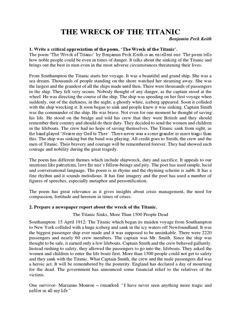 Appreciation of "The Wreck of Titanic" | PDF | Watercraft | Shipping