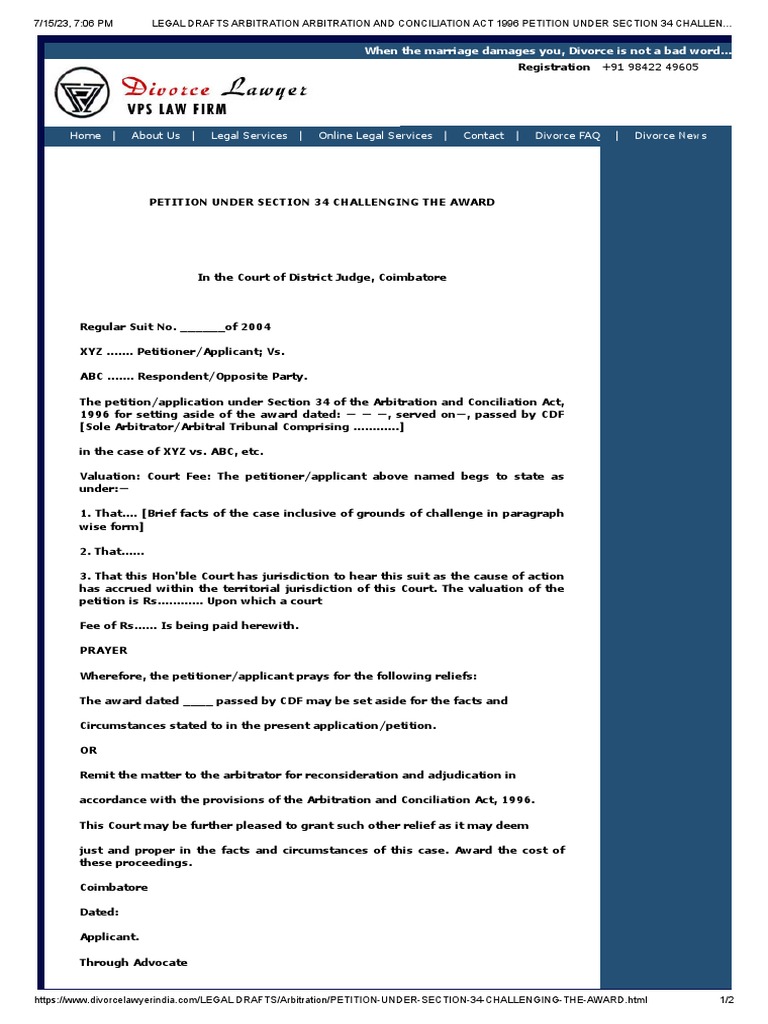 Legal Drafts Arbitration Arbitration and Conciliation Act 1996 Petition ...
