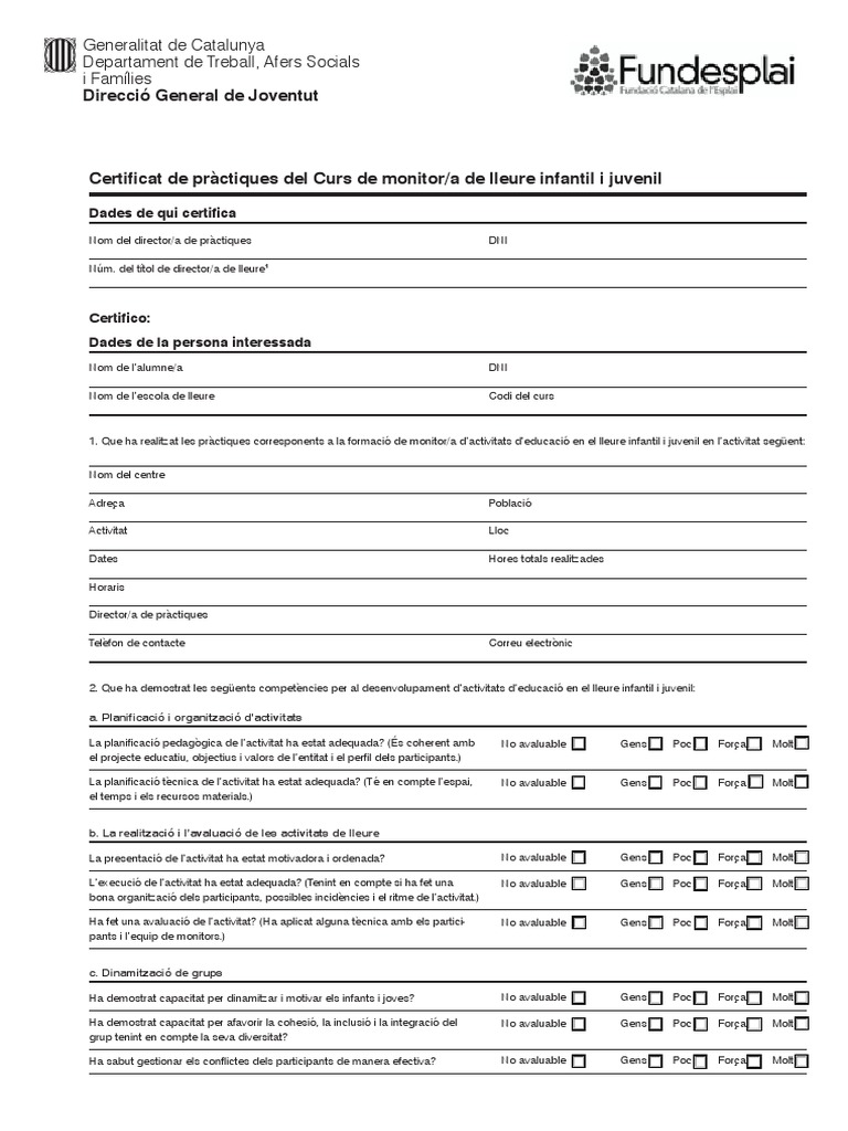 Model CM Certificat Practiques Cursos Oficials Monitor Lleure ...