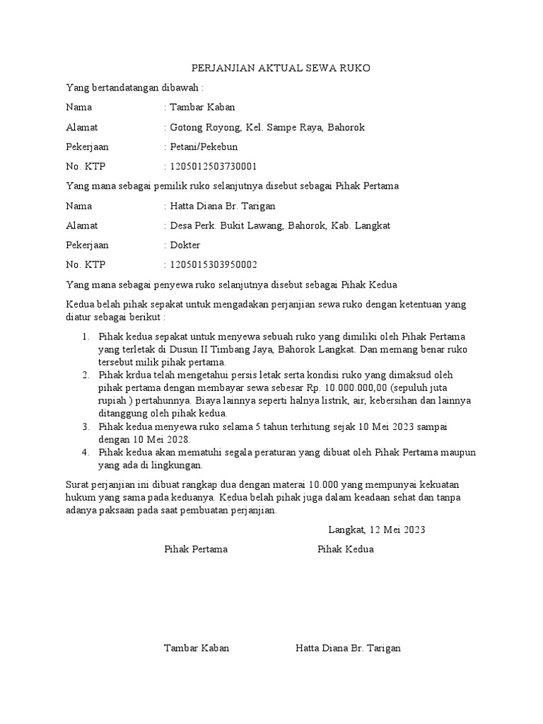 Perjanjian Sewa Ruko 5 Tahun | PDF