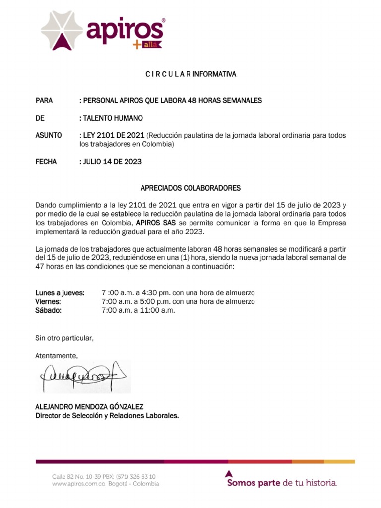 Circular Informativa Reducción Jornada Laboral Julio 2023 | PDF