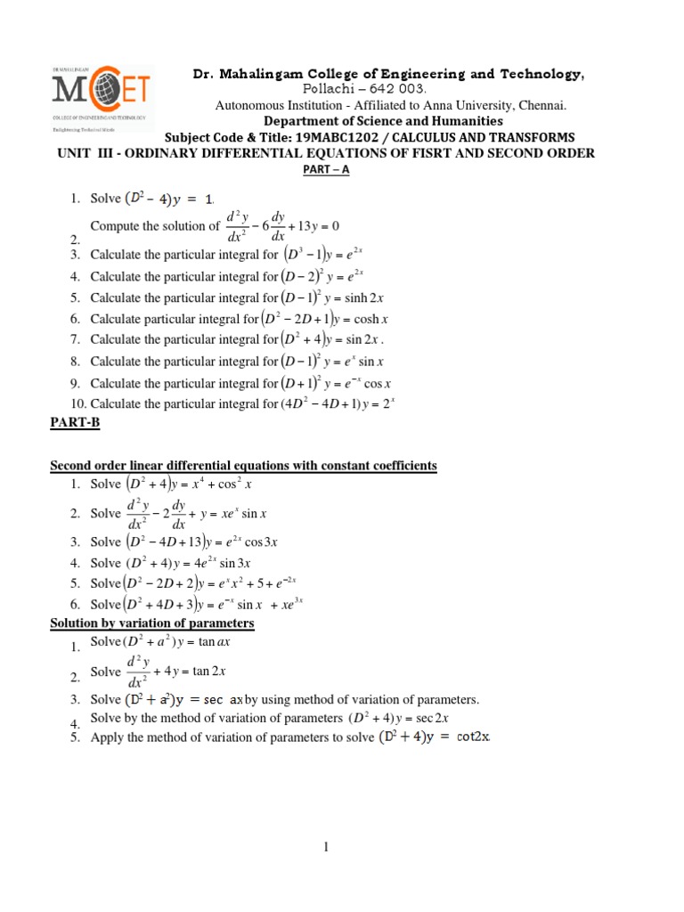 2019-20 CSE C & T QB Unit 3 (De of First and Second Order) | PDF | Integral | Equations
