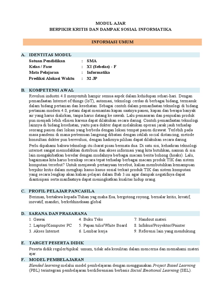 Informatika Bab 3 - Berpikir Kritis Dan Dampak Sosial Informatika | PDF