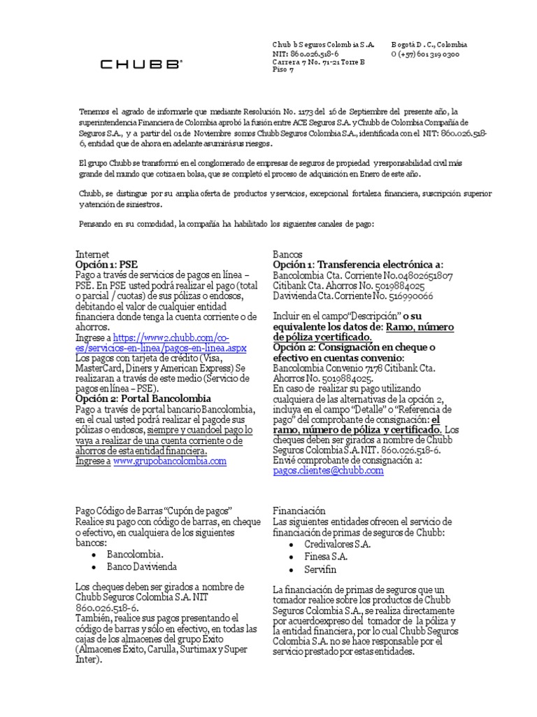 Información Pago Chubb | PDF