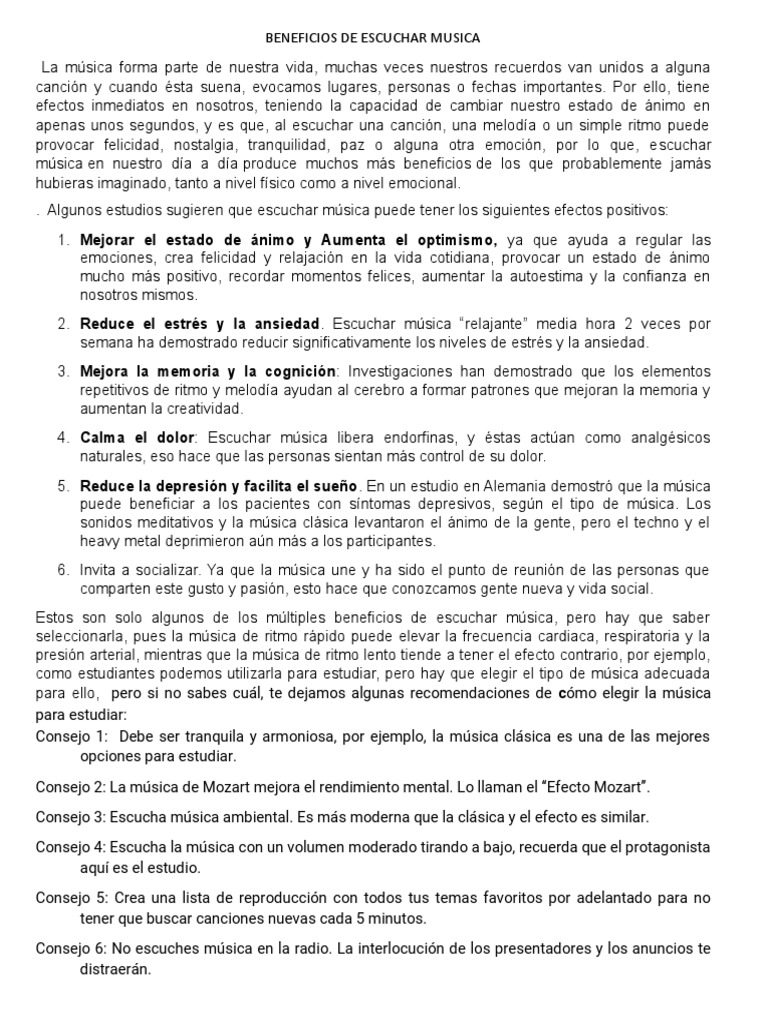 Beneficios de Escuchar Música | PDF | Las emociones | Depresión (estado ...