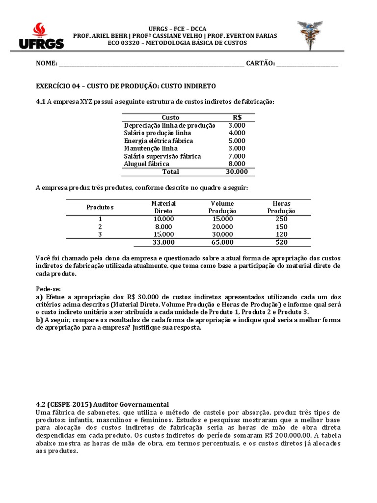 Ex 04 - Custos 1 - Custo Indireto | PDF | Economia de negócios | Economias