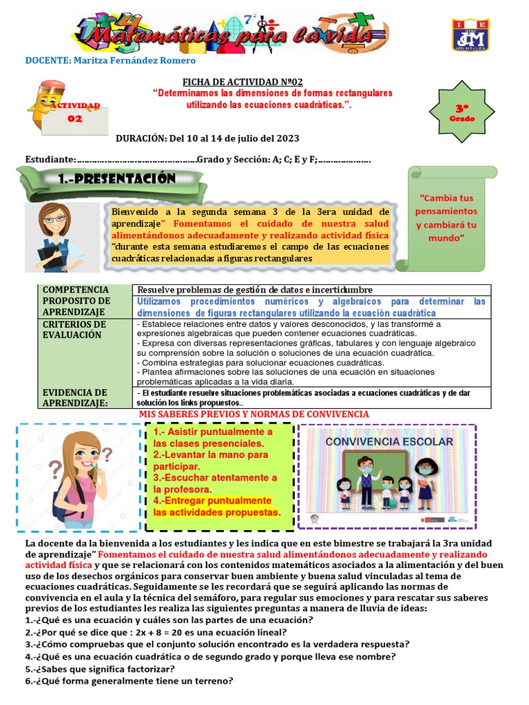 Sesion de Ecuaciòn Cuadràtica 3er Año 2023 PDF | PDF | Ecuaciones | Aprendizaje