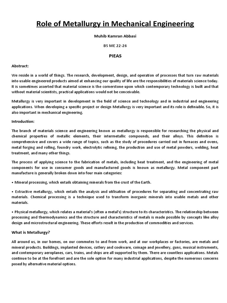 Role of Metallurgy in Mechanical Engineering | PDF | Metallurgy | Metals