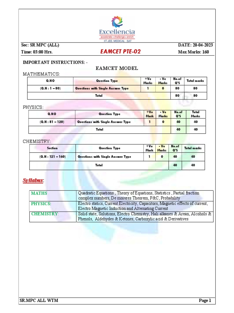 SR Out Going Pte 02 Eamcet 20 04 2023 Qp&key | PDF | Physical Quantities | Materials Science