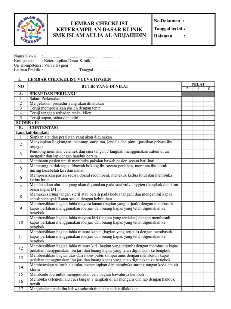 Lembar Checklist Keterampilan Dasar Klinik | PDF