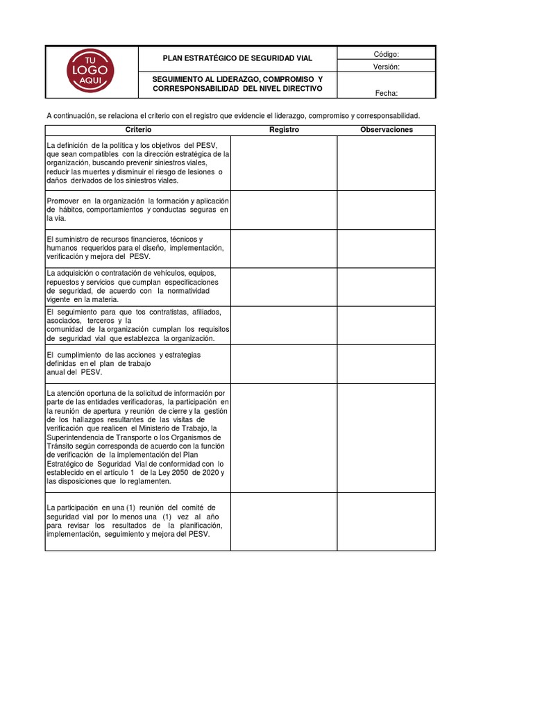 Seguimiento Liderazgo Pesv | PDF | Valores | Seguridad vial