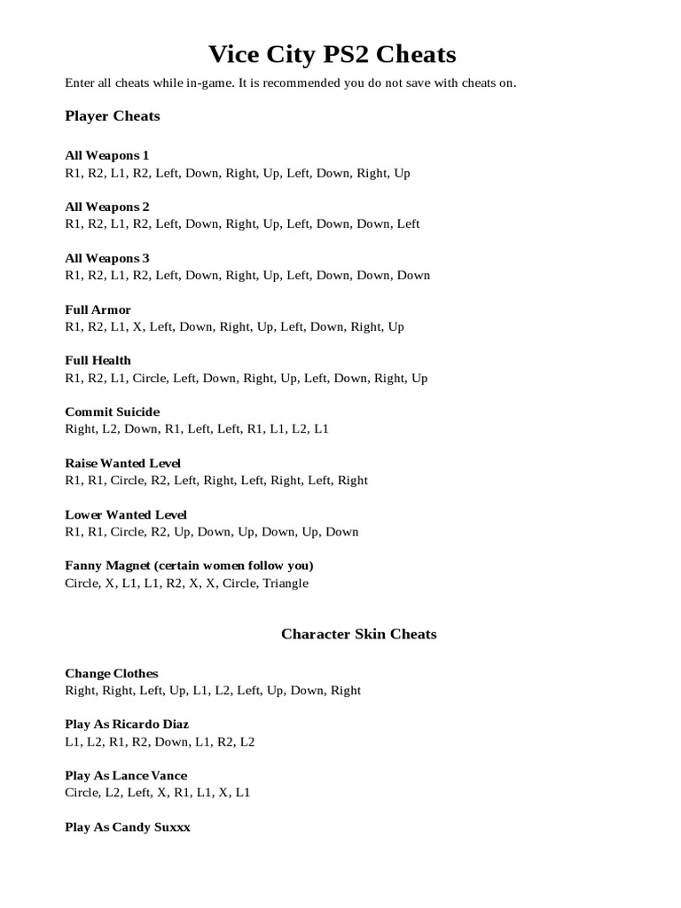 Instapdf - in Grand Theft Auto Vice City ps2 Cheat Codes 122 | PDF ...