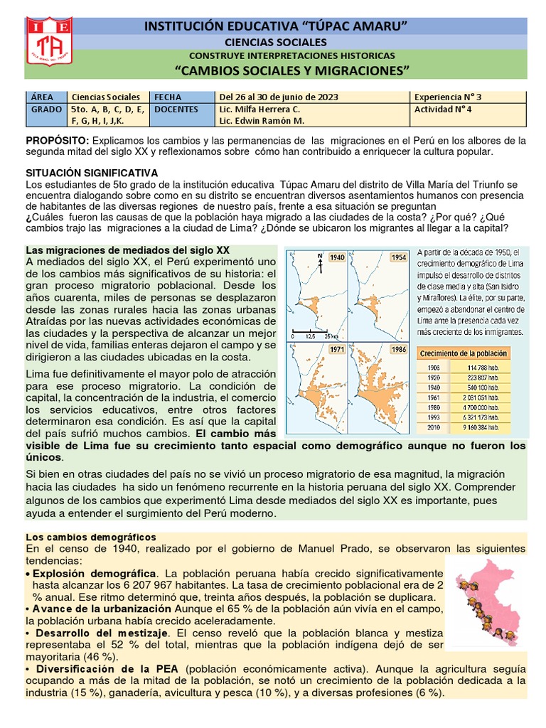 5to. SEC. (EDA 3 - FICHA 4) | PDF | Migración humana | Perú